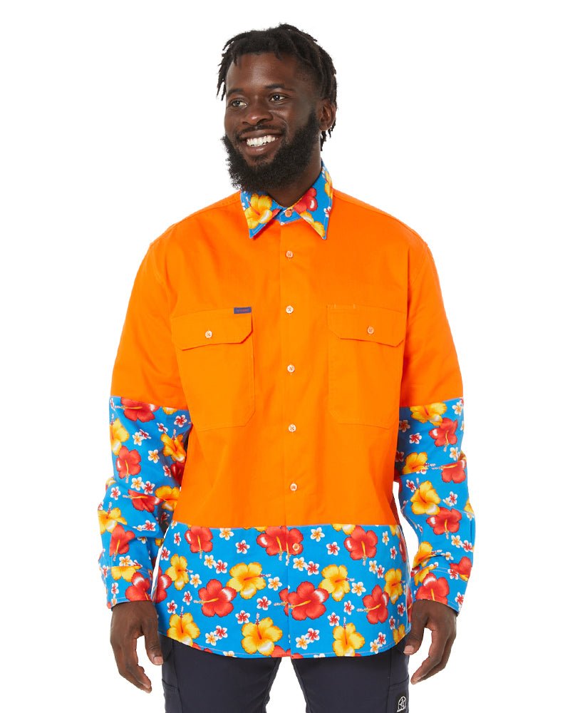 Light Weight Open Front LS Vented Two Tone Shirt - Orange/Hibiscus ...